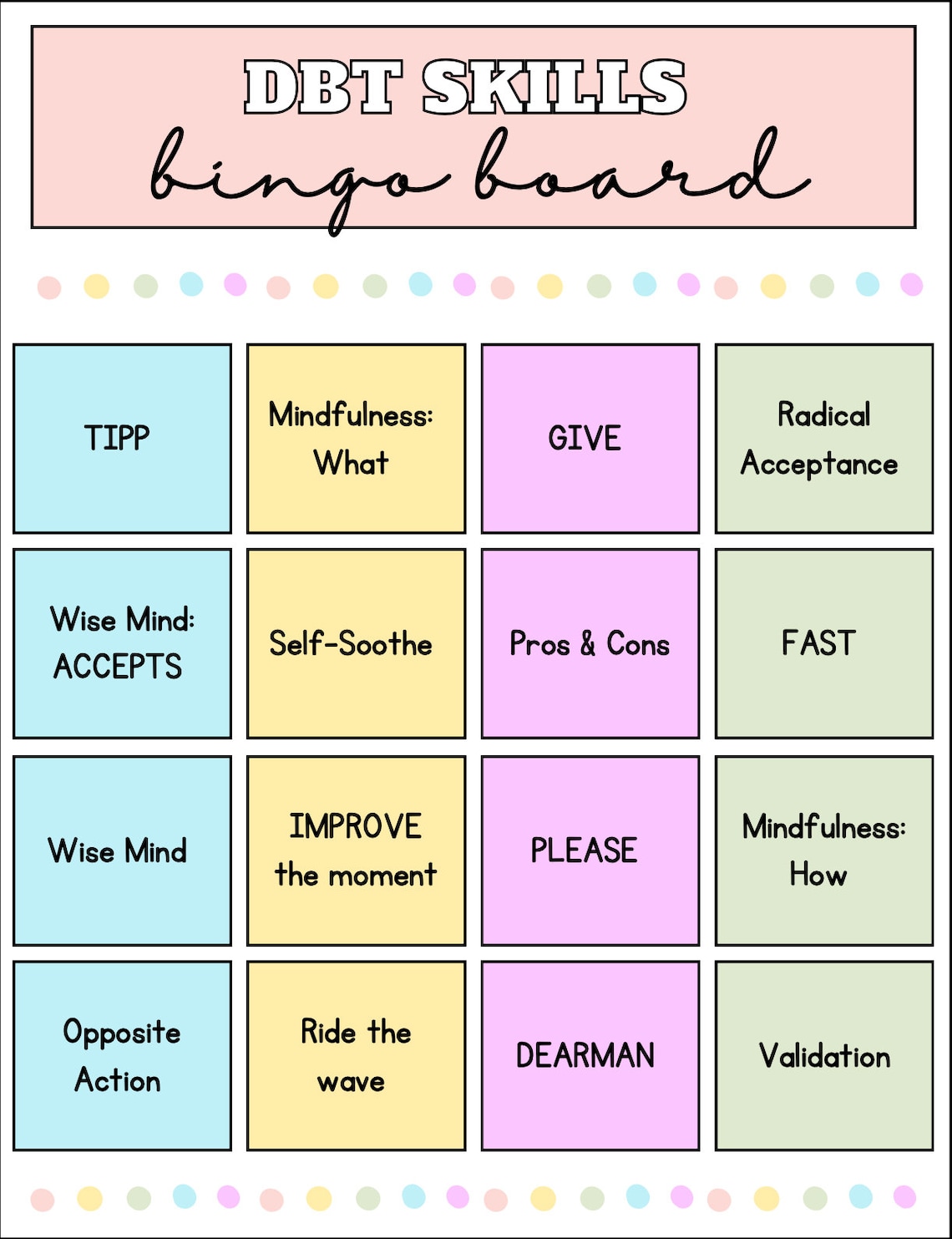 DBT Skills Bingo, Mental Health Game, Coping Skills, DBT Skills ...