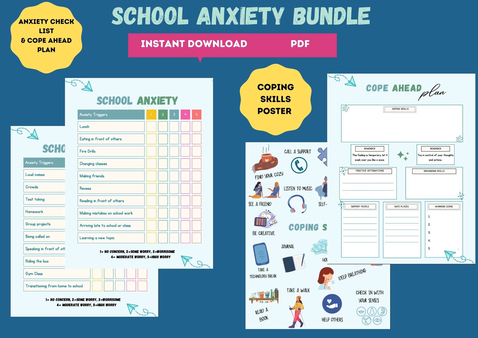 School Anxiety Bundle, Coping Skills, Anxiety Check List and Cope Ahead ...