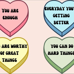 Positive Affirmation Valentines, Valentine Cards, Candy Hearts, Mental ...
