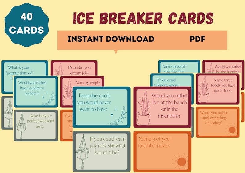 Ice Breaker Cards, 40 Printable Cards, Mental Health Tool, Anxiety ...