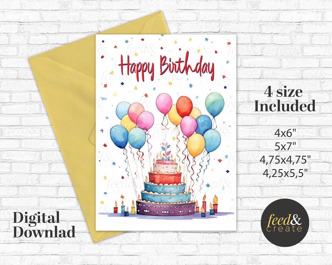 Printable Birthday Card, Digital Birthday Card, Featuring Cake Presents ...