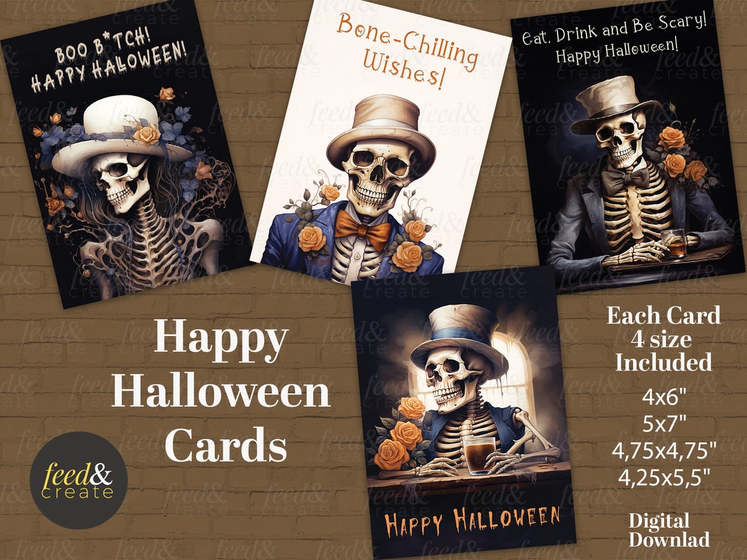 Printable Skeleton Halloween Cards Set Digital Halloween - Etsy