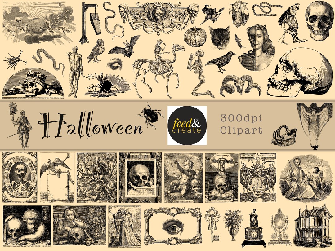 Antique Vintage Halloween Clip Art Graphics, Halloween Png, Skull, Bat ...