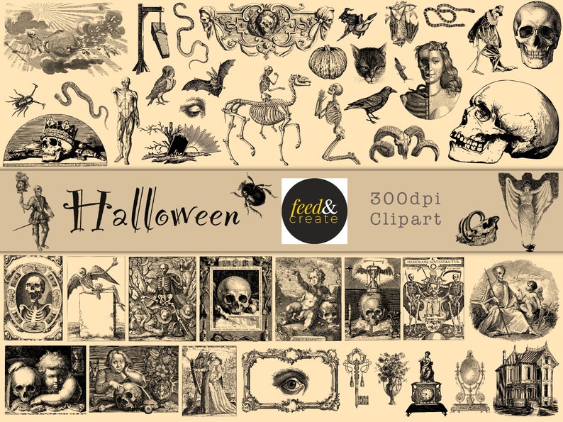 Antique Vintage Halloween Clip Art Graphics, Halloween Png, Skull, Bat ...
