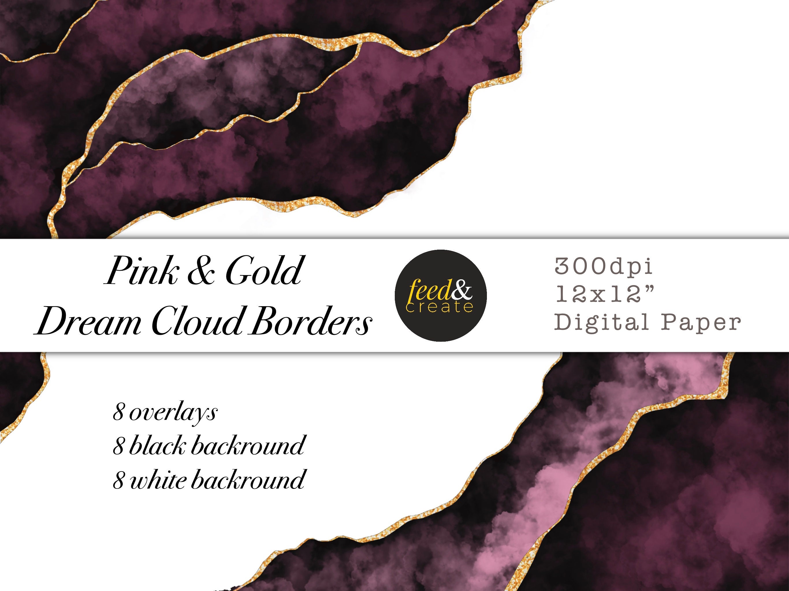 Dream Cloud Borders, Digital PNG Overlays, Gold Glitter, Borders ...