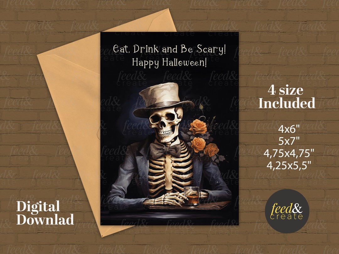 Printable Skeleton Halloween Card Digital Halloween Card - Etsy