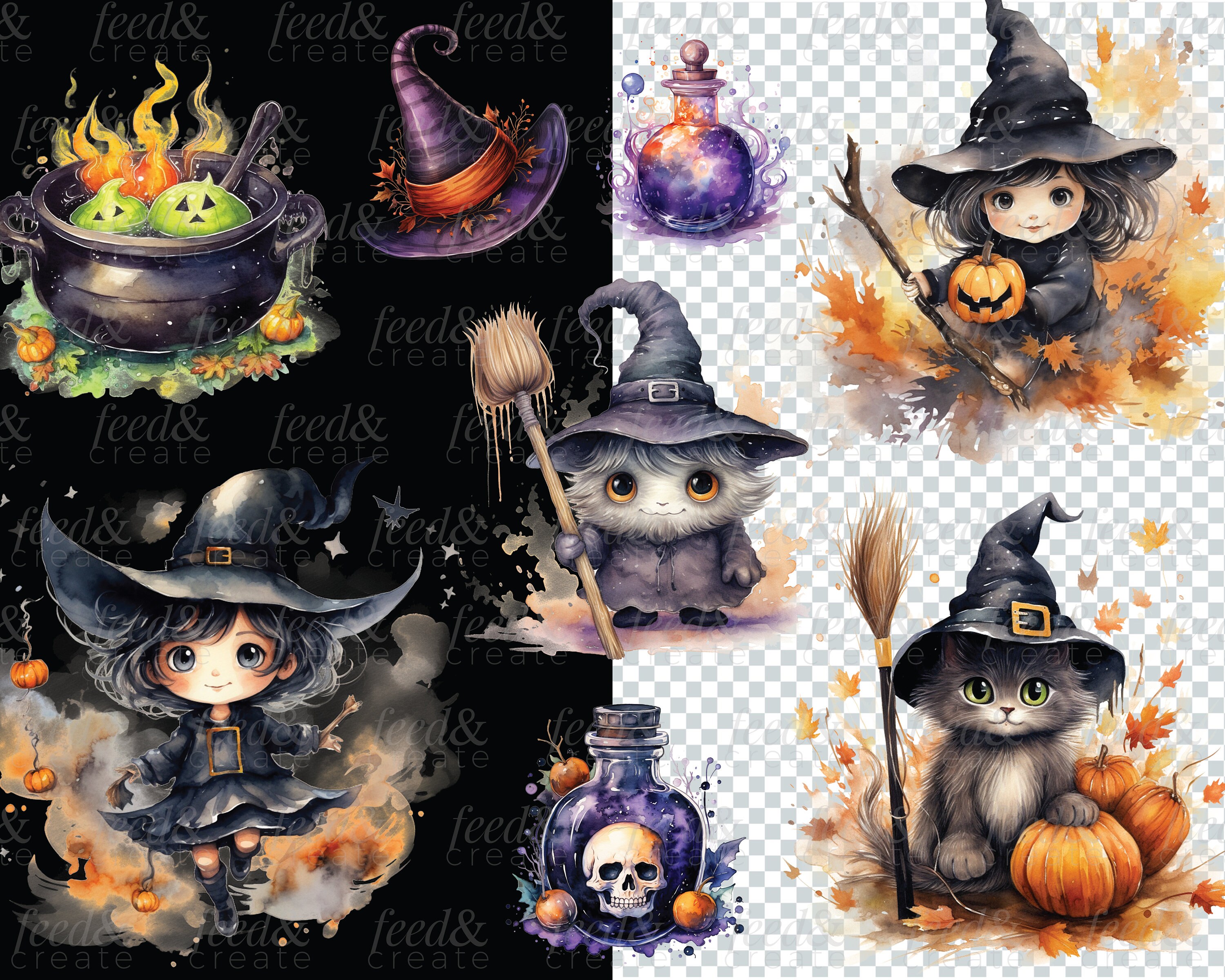 Halloween Witchcraft Watercolor Clip Art Transparent Background PNG ...