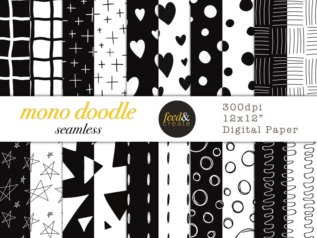 Mono Doodle Seamless Digital Papers, Printable Paper, Doodle Digital ...