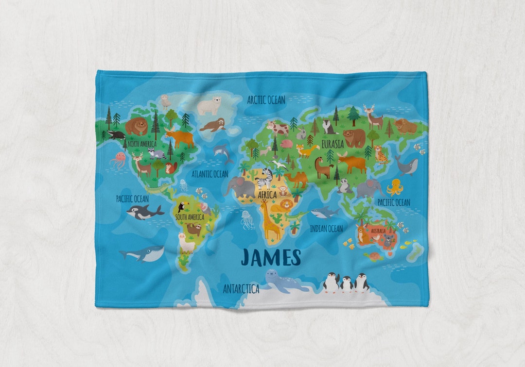 Animal World Map Blanket-personalized Worldmap Animals Baby Blanket ...