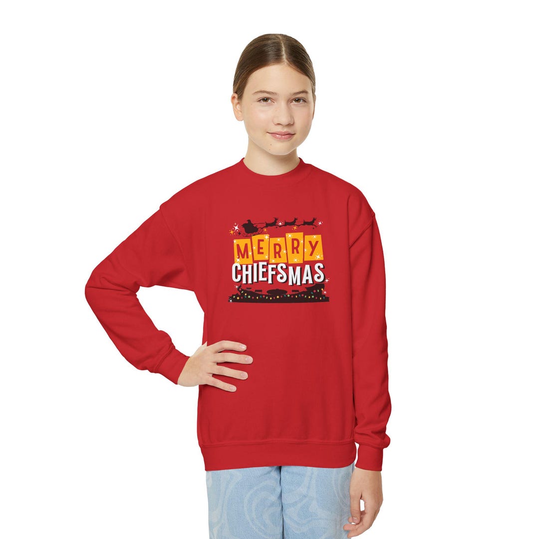 Merry Chiefsmas Kansas City Chiefs Christmas Arrowhead Youth Crewneck ...