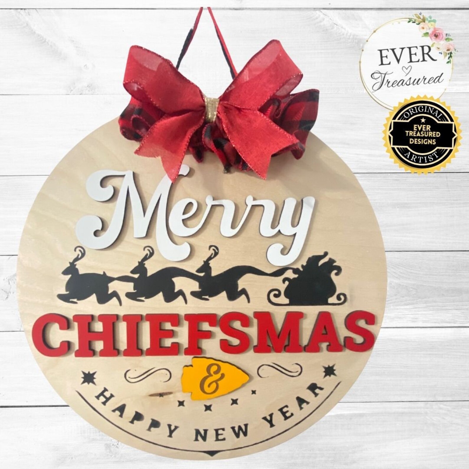 Kansas City Chiefs Merry Chiefsmas Happy New Year Football Door Hanger ...