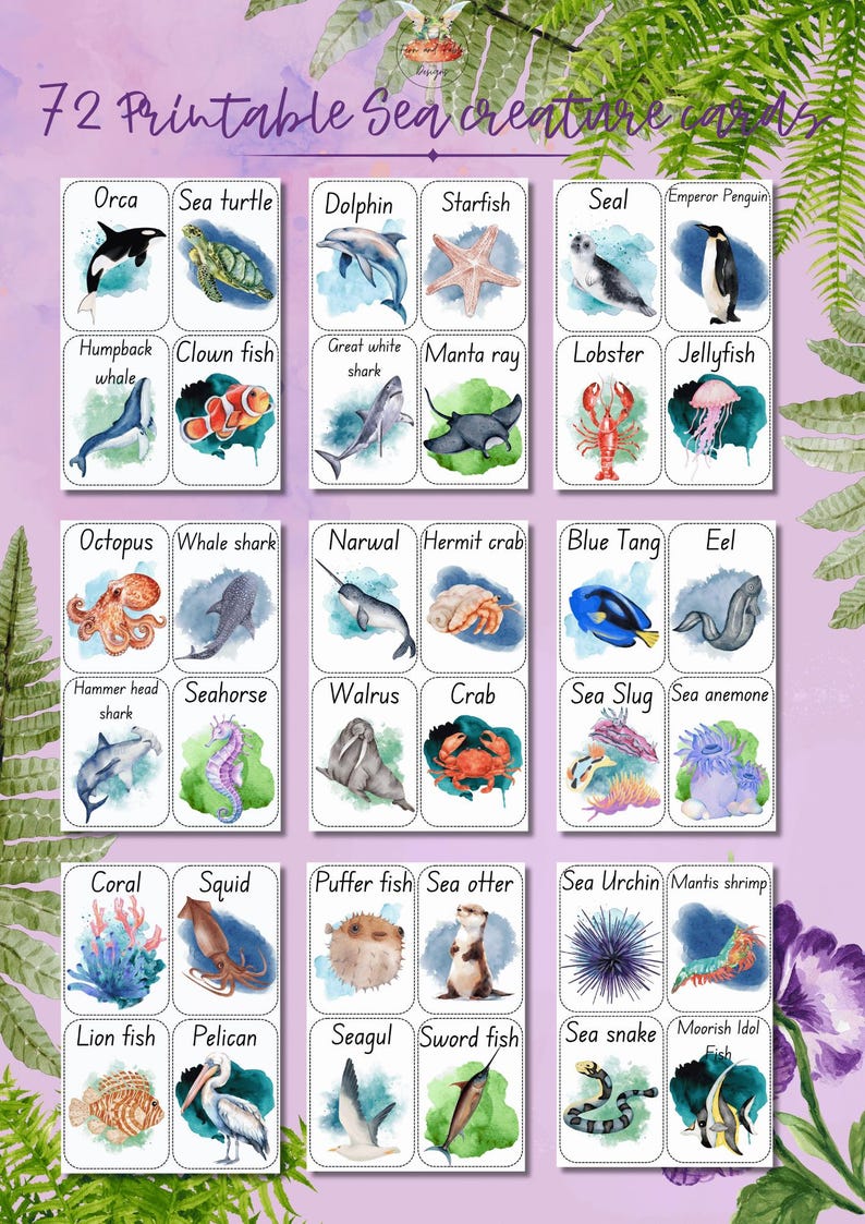 72 Sea Creature Flashcards | Early Learning Printable, Vocabulary ...
