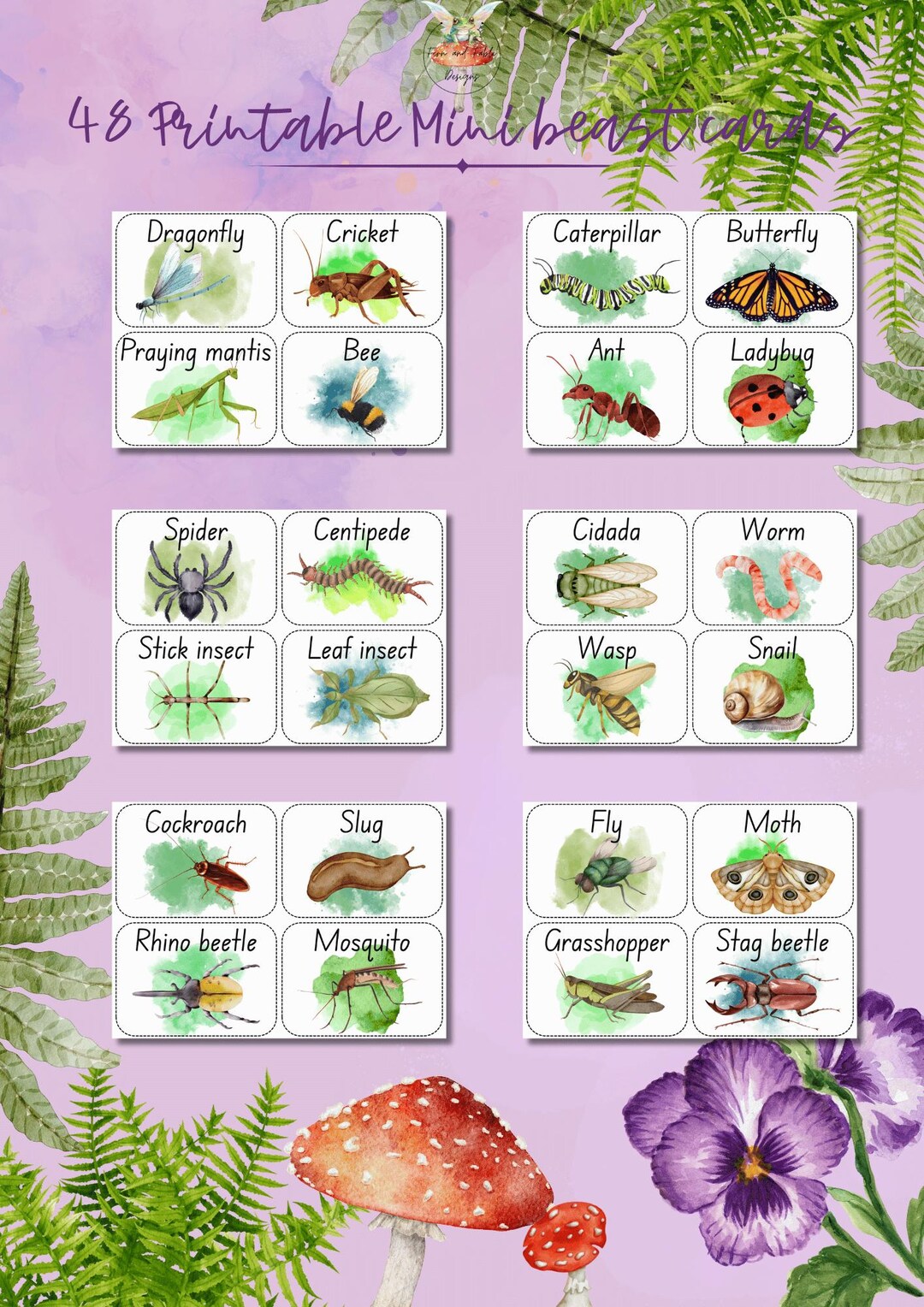 48 Bug and Insect Flashcards | Early Learning Printable, Vocabulary ...