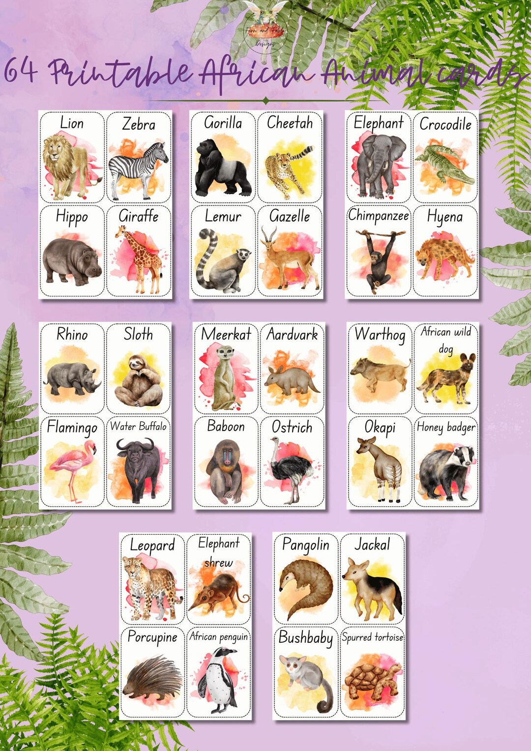 64 African Animal Flashcards | Early Learning Printable, Vocabulary ...