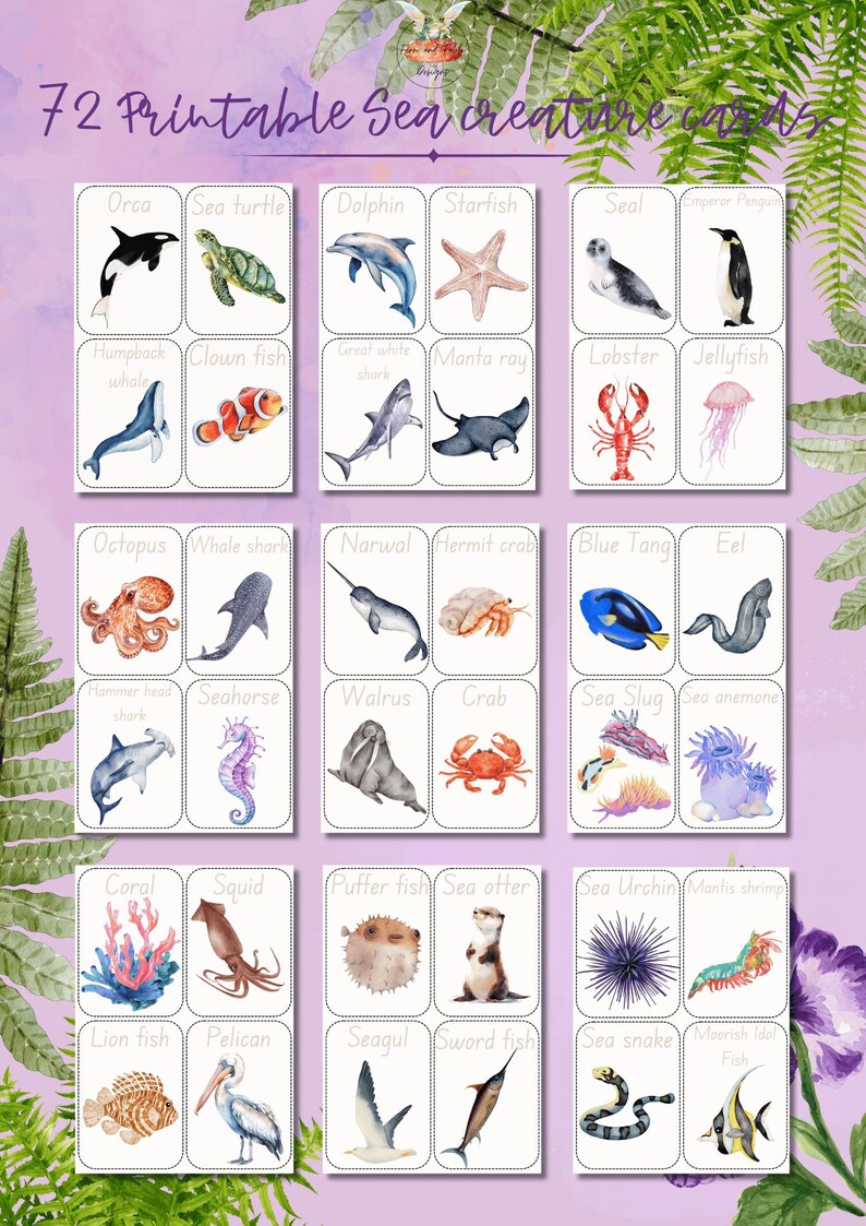 72 Sea Creature Flashcards | Early Learning Printable, Vocabulary ...