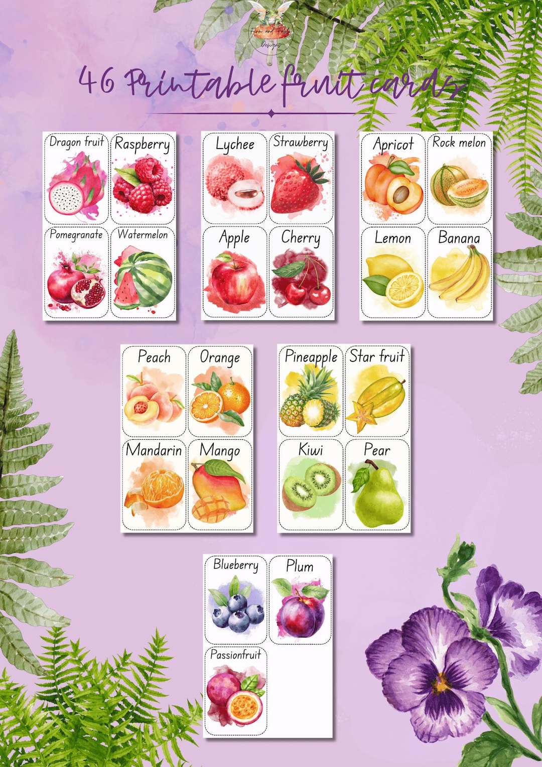 46 Fruit Flashcards | Early Learning Printable, Vocabulary, Flash Cards ...