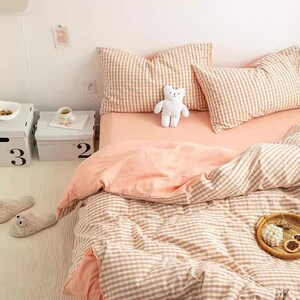 Gingham Checkered Blush Peachy Pink Reversible Duvet Cover Set Lattice ...