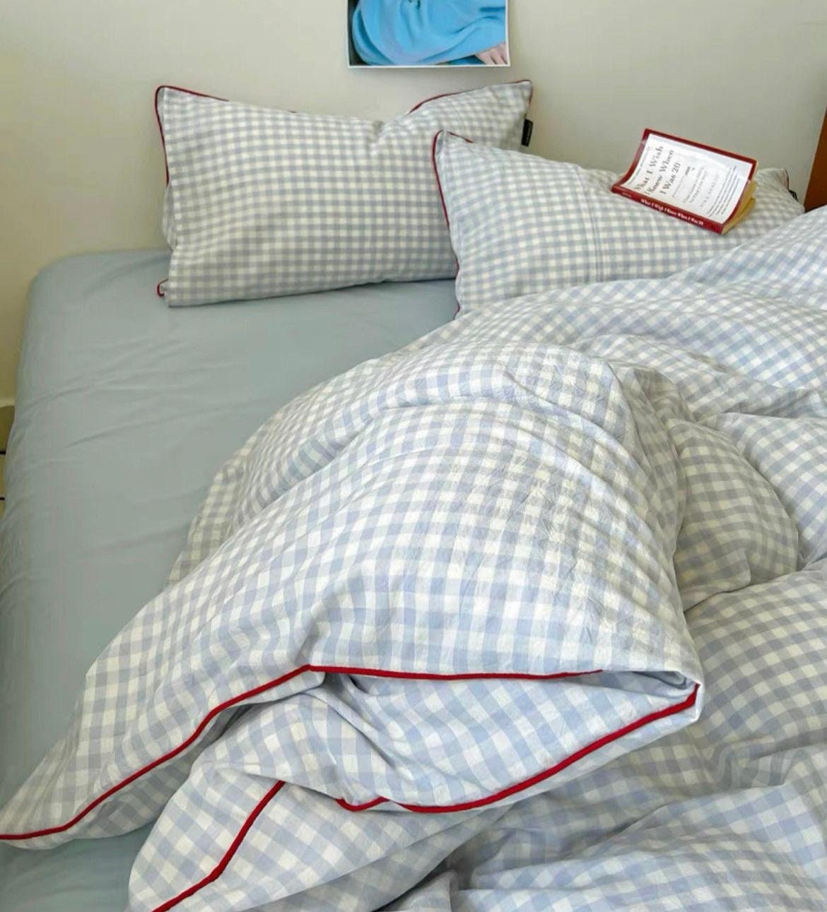 Pastel Blue Gingham Checkered Duvet Cover Set Soft Cotton Lattice Plaid ...