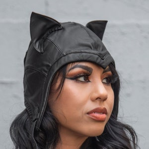 CAT FLIGHT HELMET Black Faux Leather Hat With Ears, Fun Festival Hat ...