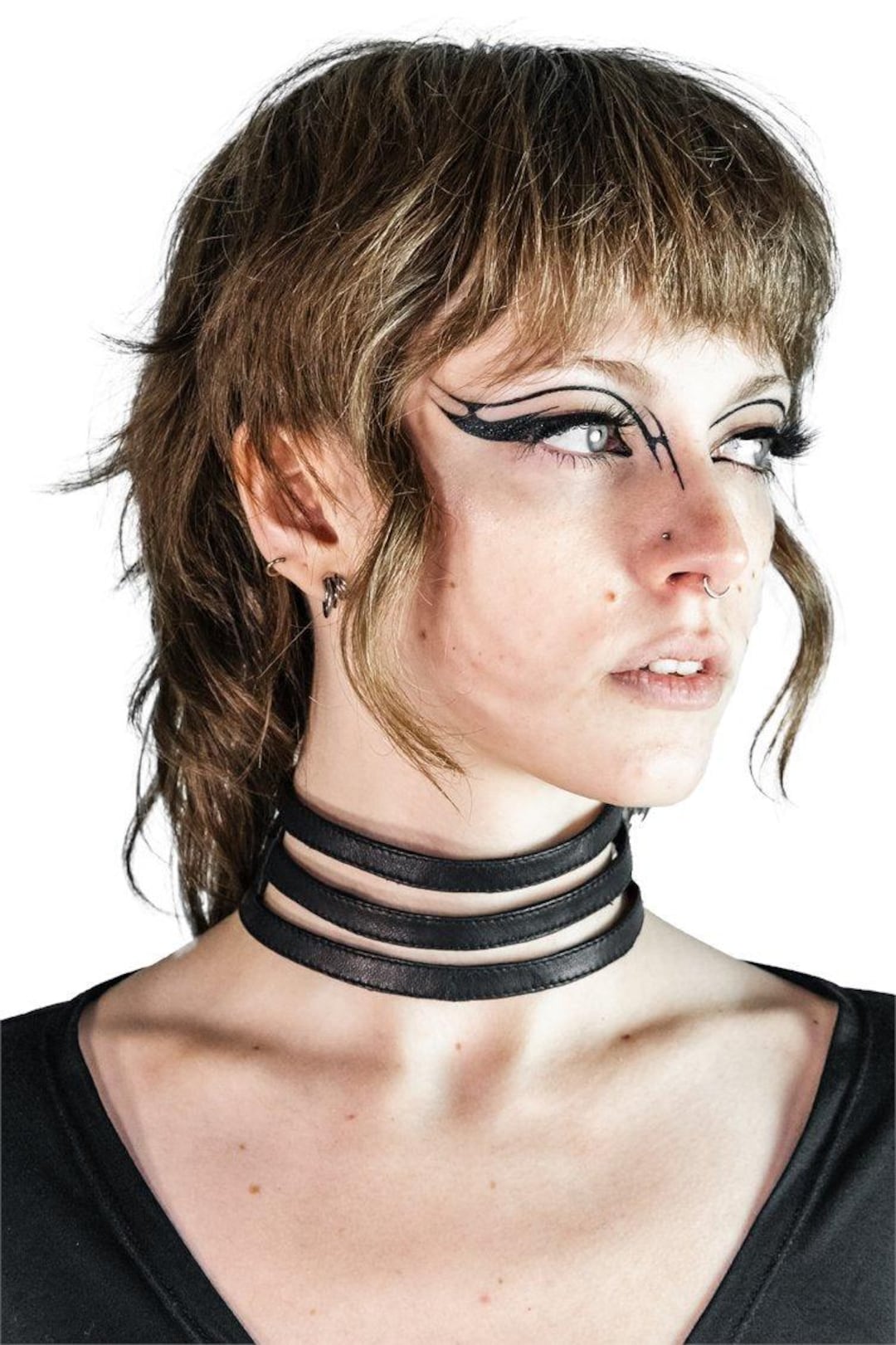 Black CAGE COLLAR NECKLACE - Black Leather Choker Necklace With Snap ...