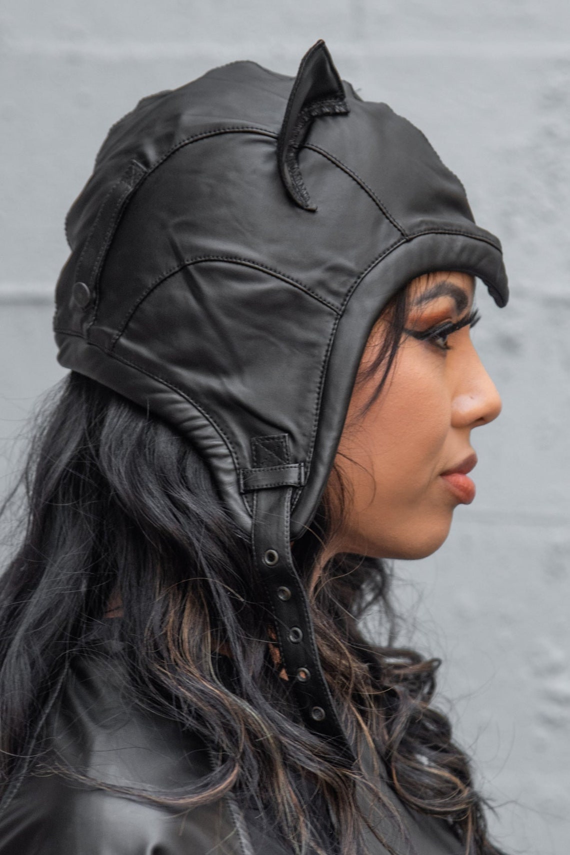 CAT FLIGHT HELMET Black Faux Leather Hat With Ears, Fun Festival Hat ...