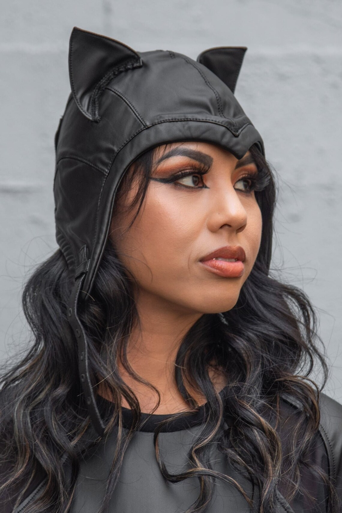 CAT FLIGHT HELMET Black Faux Leather Hat With Ears, Fun Festival Hat ...