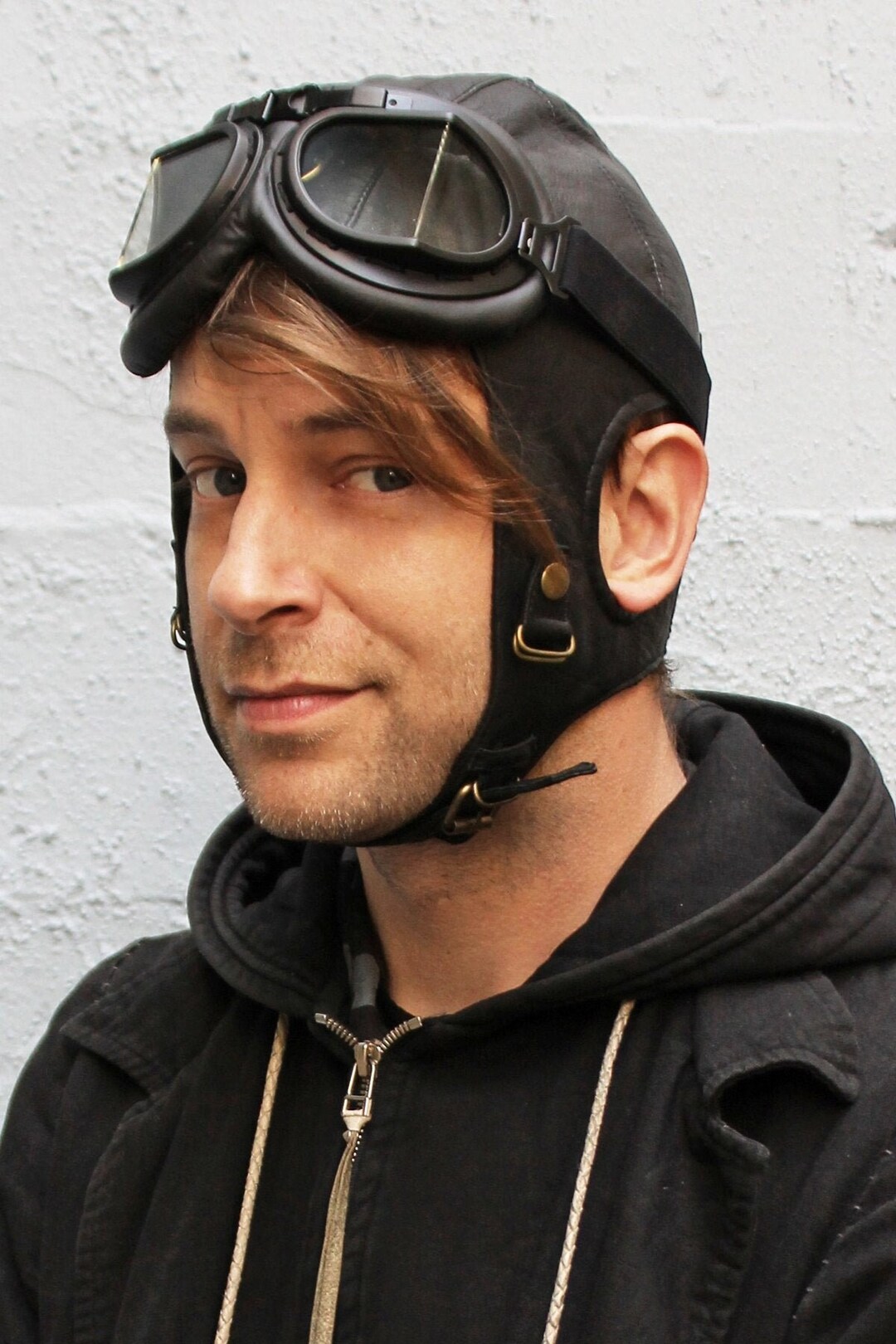 LEATHER FLIGHT HELMET Black Leather Helmet With Goggle Straps, Unique ...