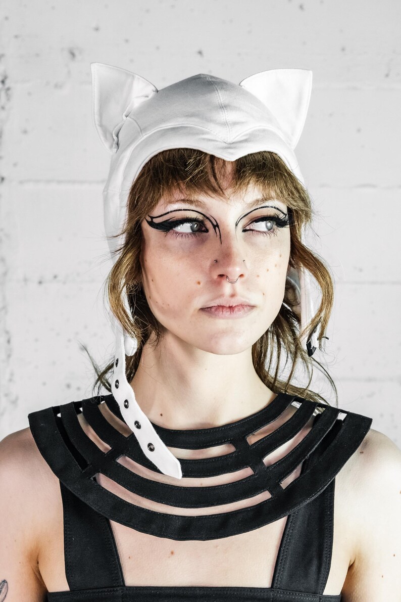 White CAT FLIGHT HELMET - White Cotton Cat Hat With Ears, Fun Festival ...