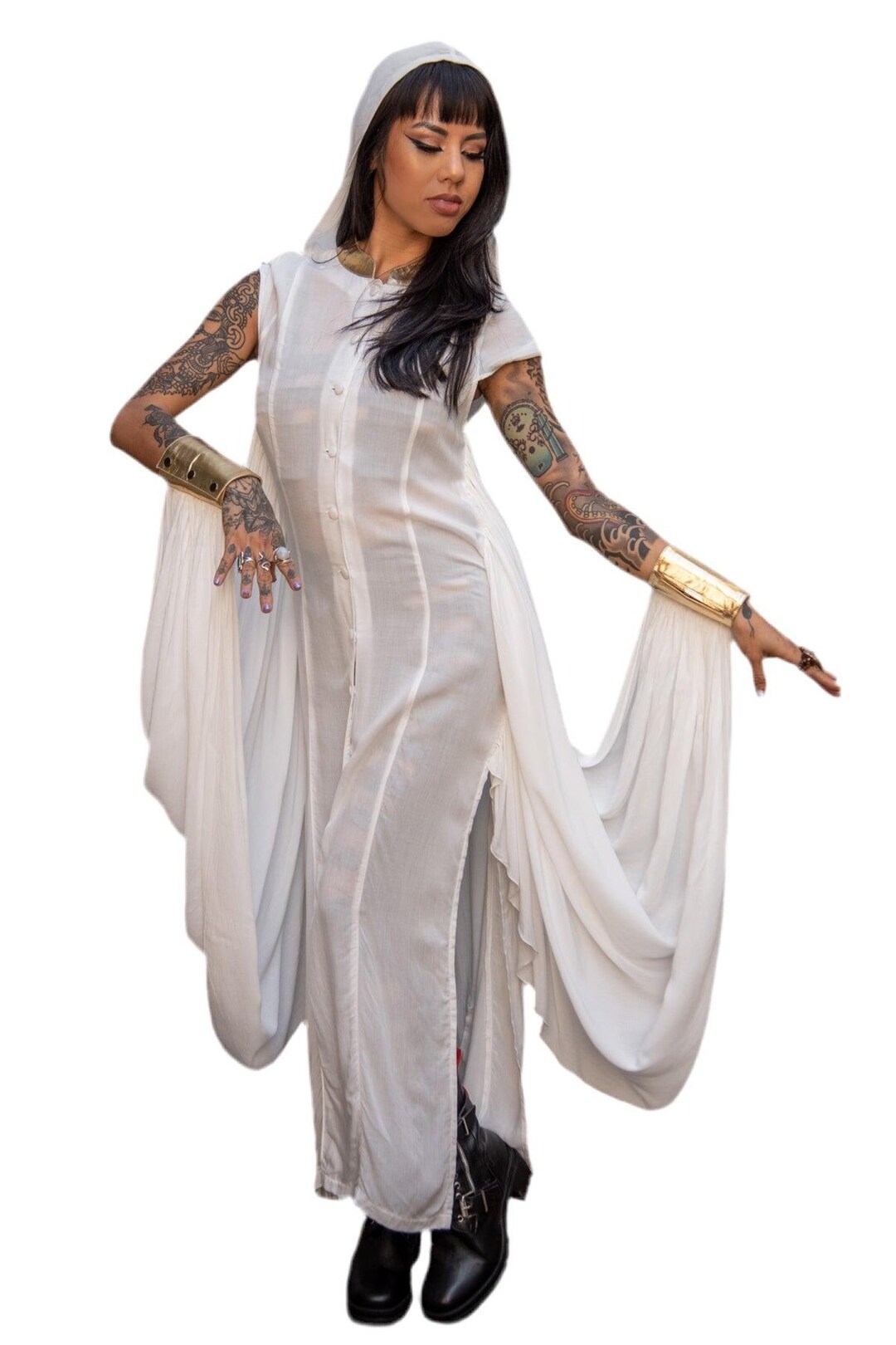 White PRIESTESS ROBE - White Cotton Flowing Dress With Wings & Gold ...