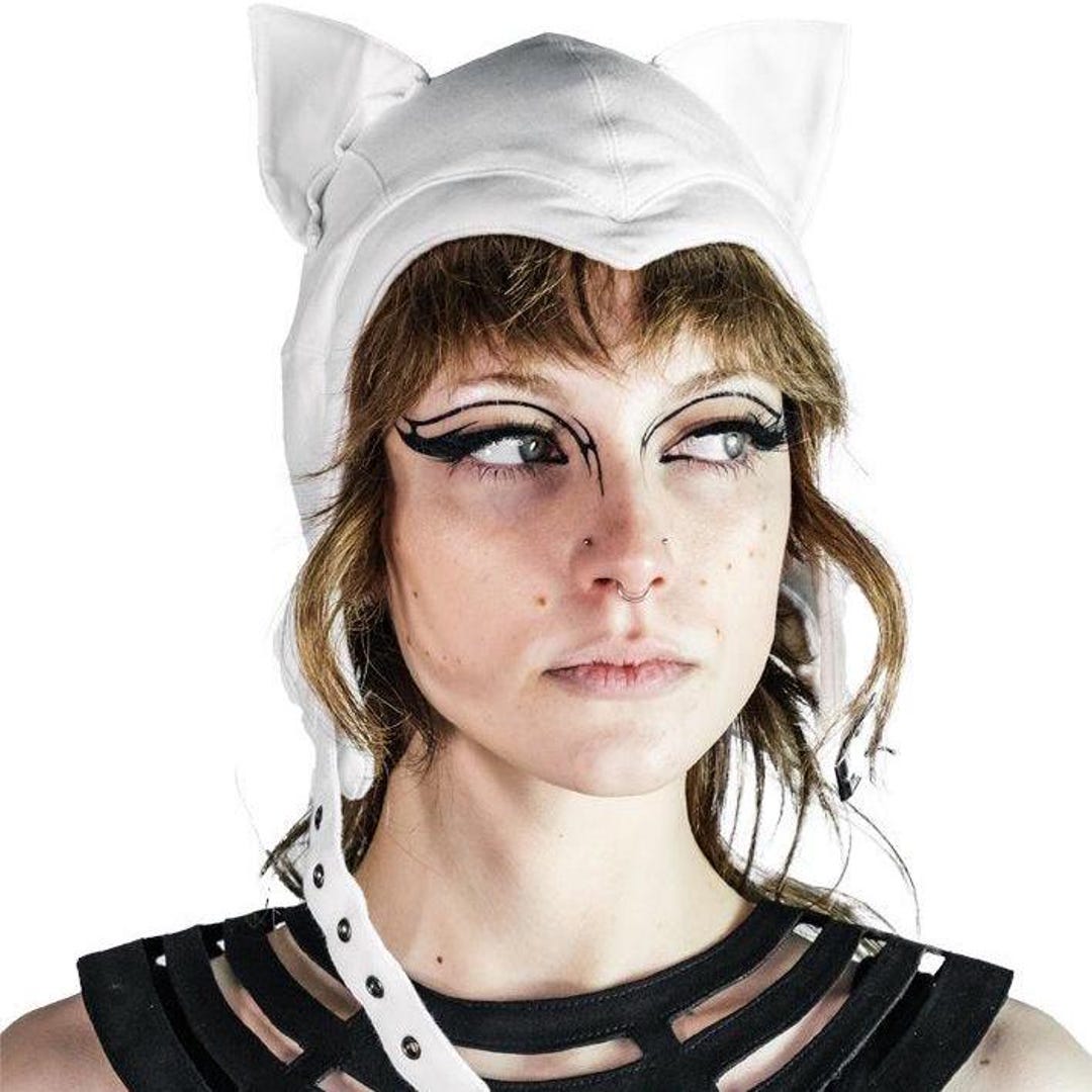 White CAT FLIGHT HELMET - White Cotton Cat Hat With Ears, Fun Festival ...