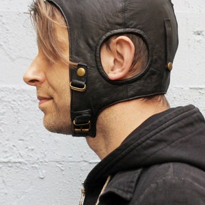 LEATHER FLIGHT HELMET Black Leather Helmet With Goggle Straps, Unique ...