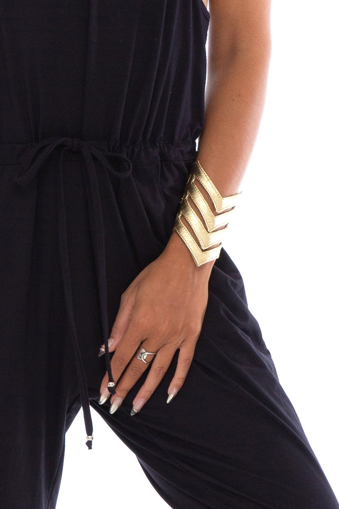 Gold CHEVRON CAGE CUFF - Pair of Gold Leather Cuff Bracelet With Snaps ...