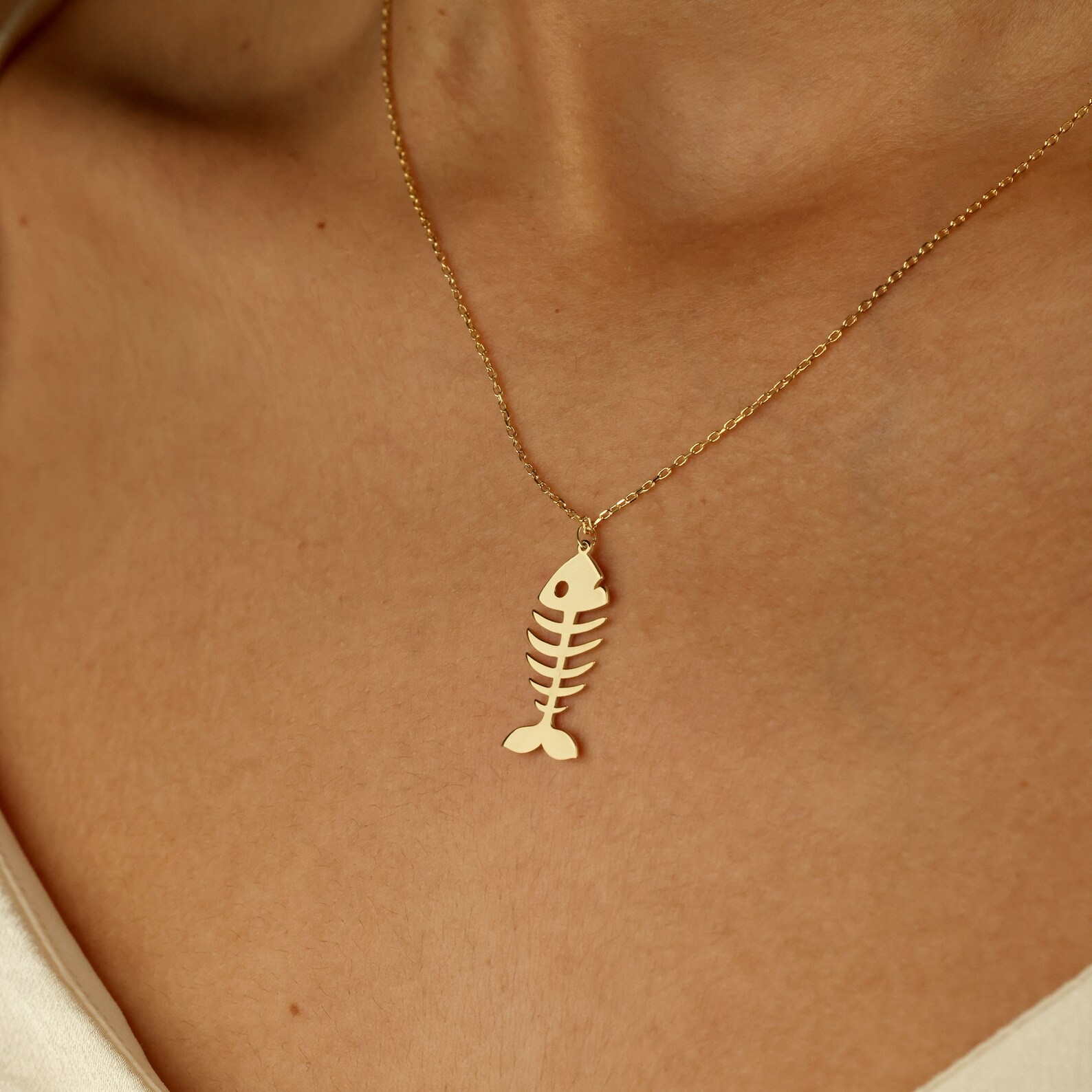 18K Gold Fish Necklace, Sea Jewelry,fishbone Necklace, Ocean Jewelry ...