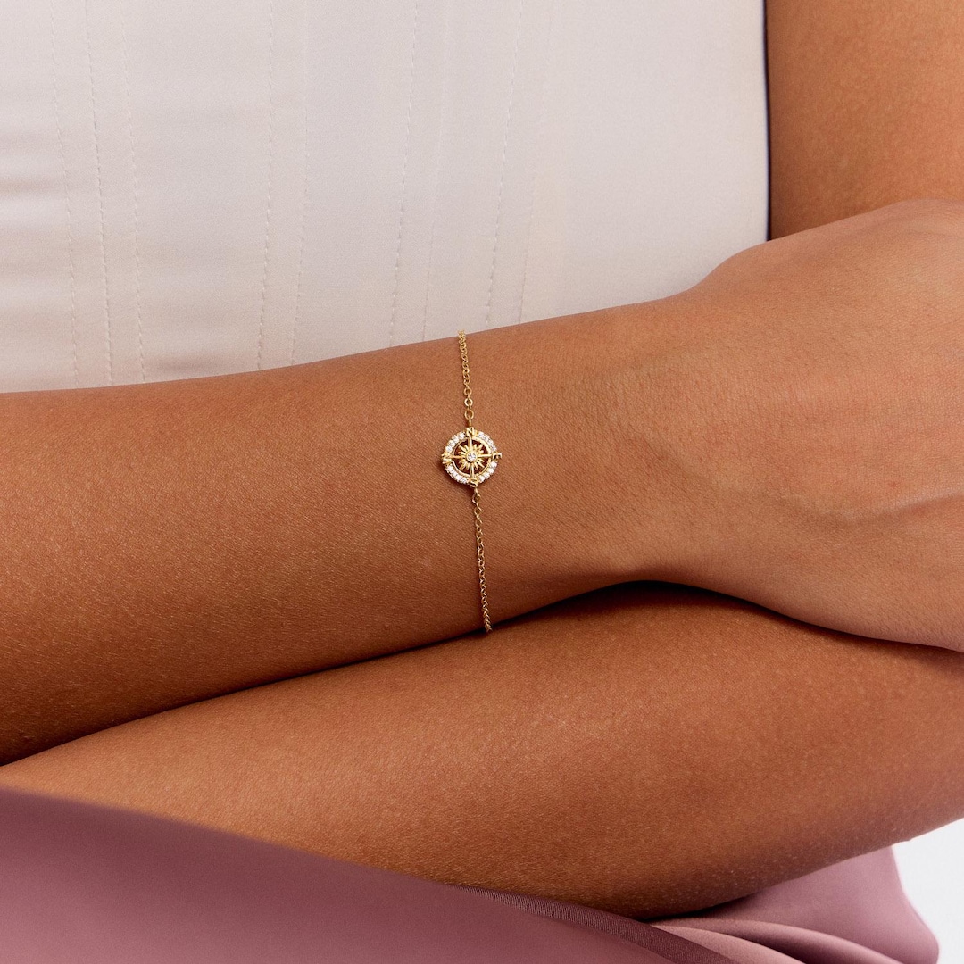Diamond Compass Bracelet, Travel Jewelry, Dainty Compass Bracelet ...