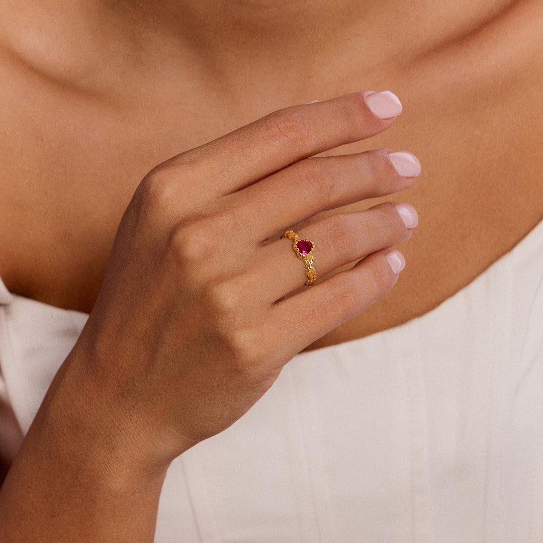 Birthstone Heart Ring, Dainty Birthstone Ring, Custom Stacking Ring ...