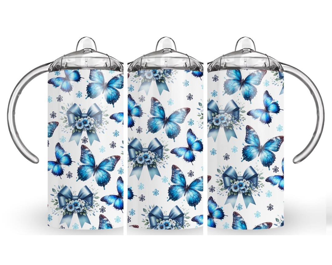 Digital Blue Butterflies 300dpi 12oz Kids Sippy Cup Tumbler Wrap PNG ...