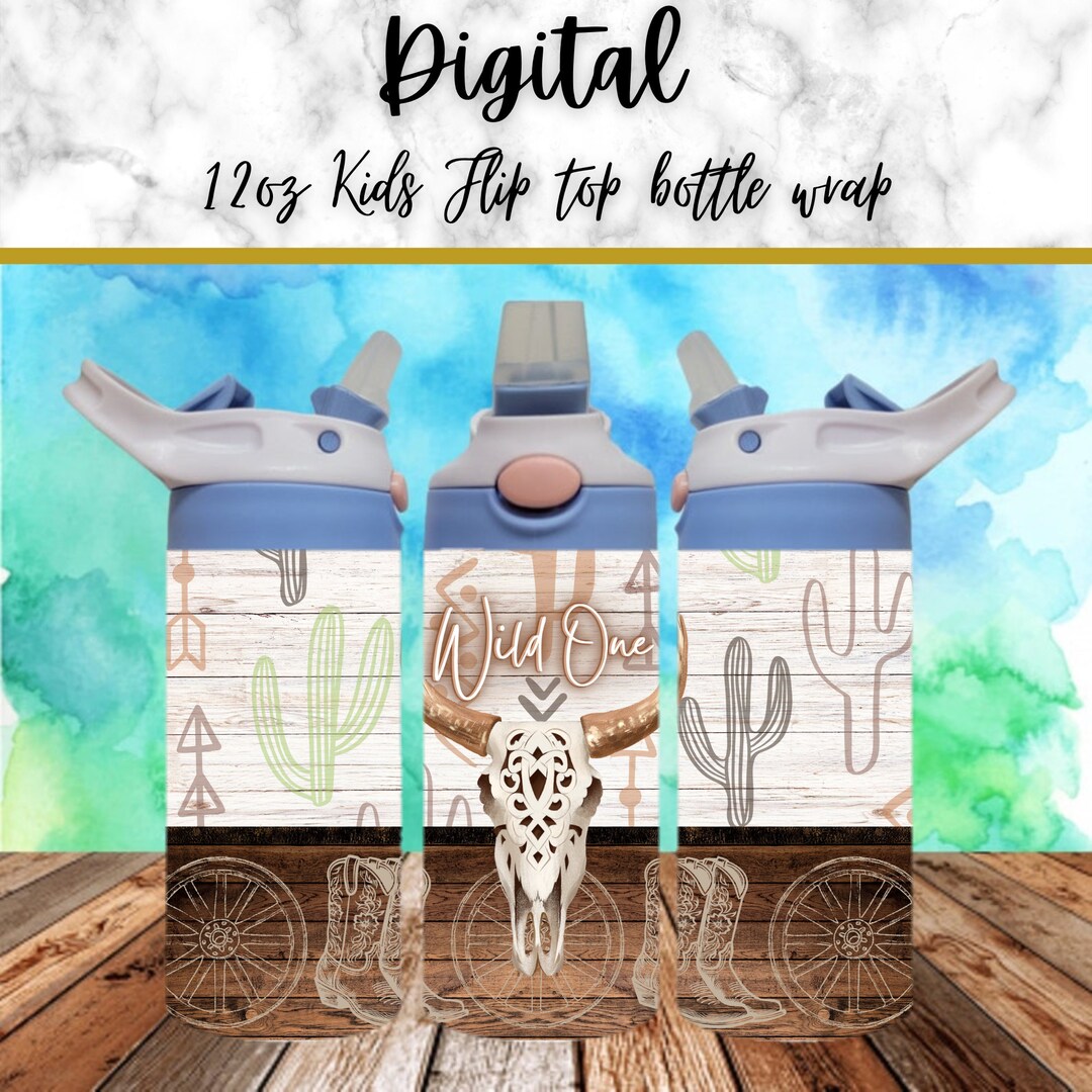 Wild One Cow Skull 300dpi 12oz Kids Flip Top Sippy Cup Tumbler Wrap PNG ...