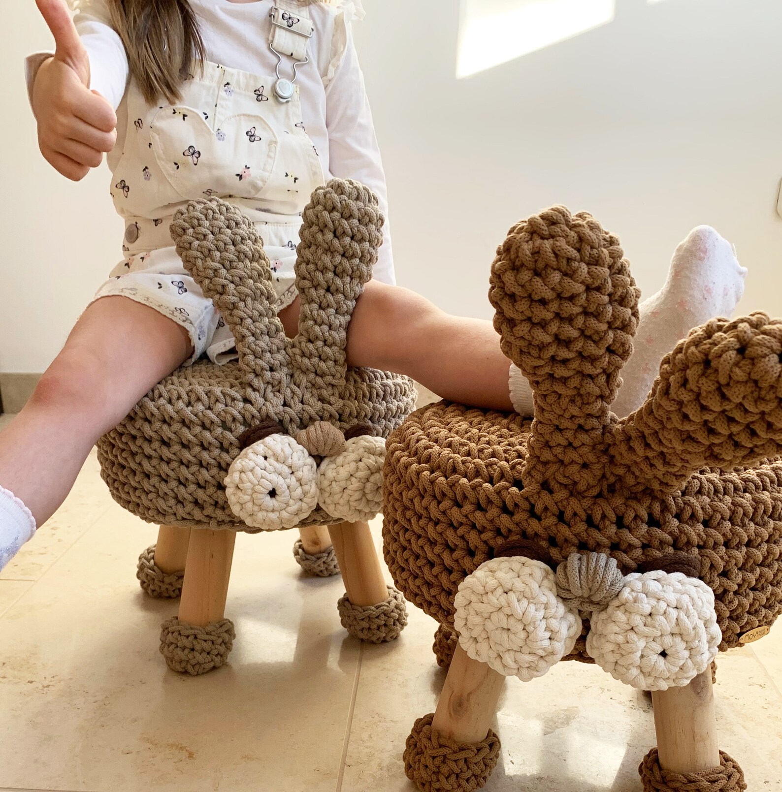 CROCHET Woodland BUNNY STOOL/ Wood Base / Easter Gift for Kids ...