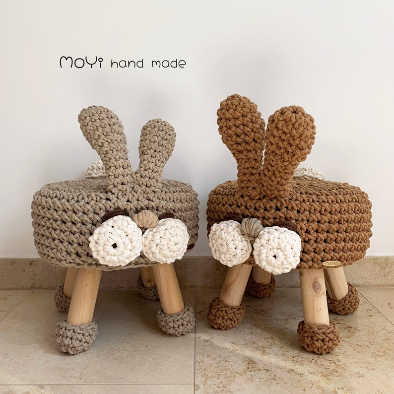 CROCHET Woodland BUNNY STOOL/ Wood Base / Easter Gift for Kids ...