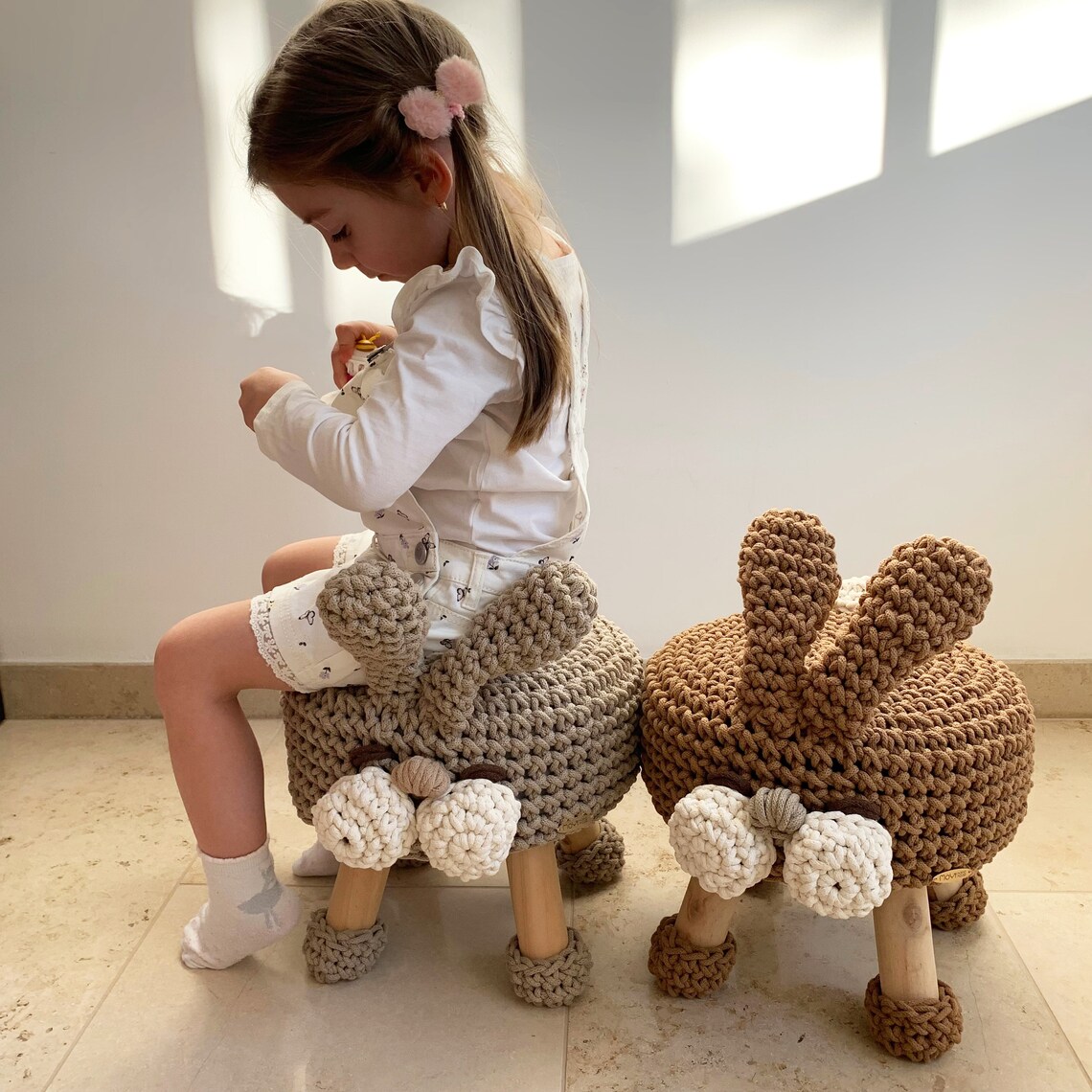 CROCHET Woodland BUNNY STOOL/ Wood Base / Easter Gift for Kids - Etsy