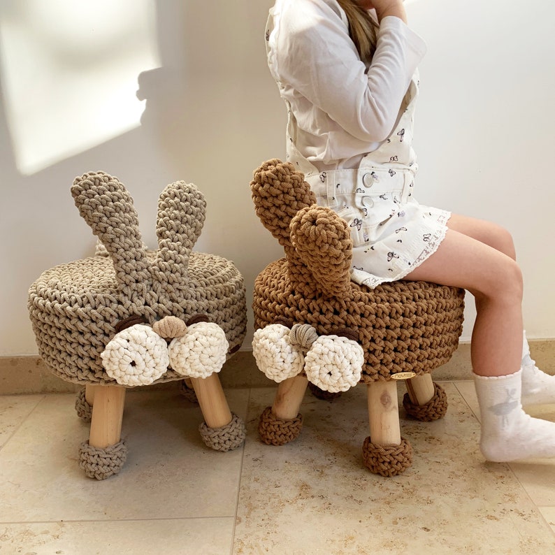 CROCHET Woodland BUNNY STOOL/ Wood Base / Easter Gift for Kids ...