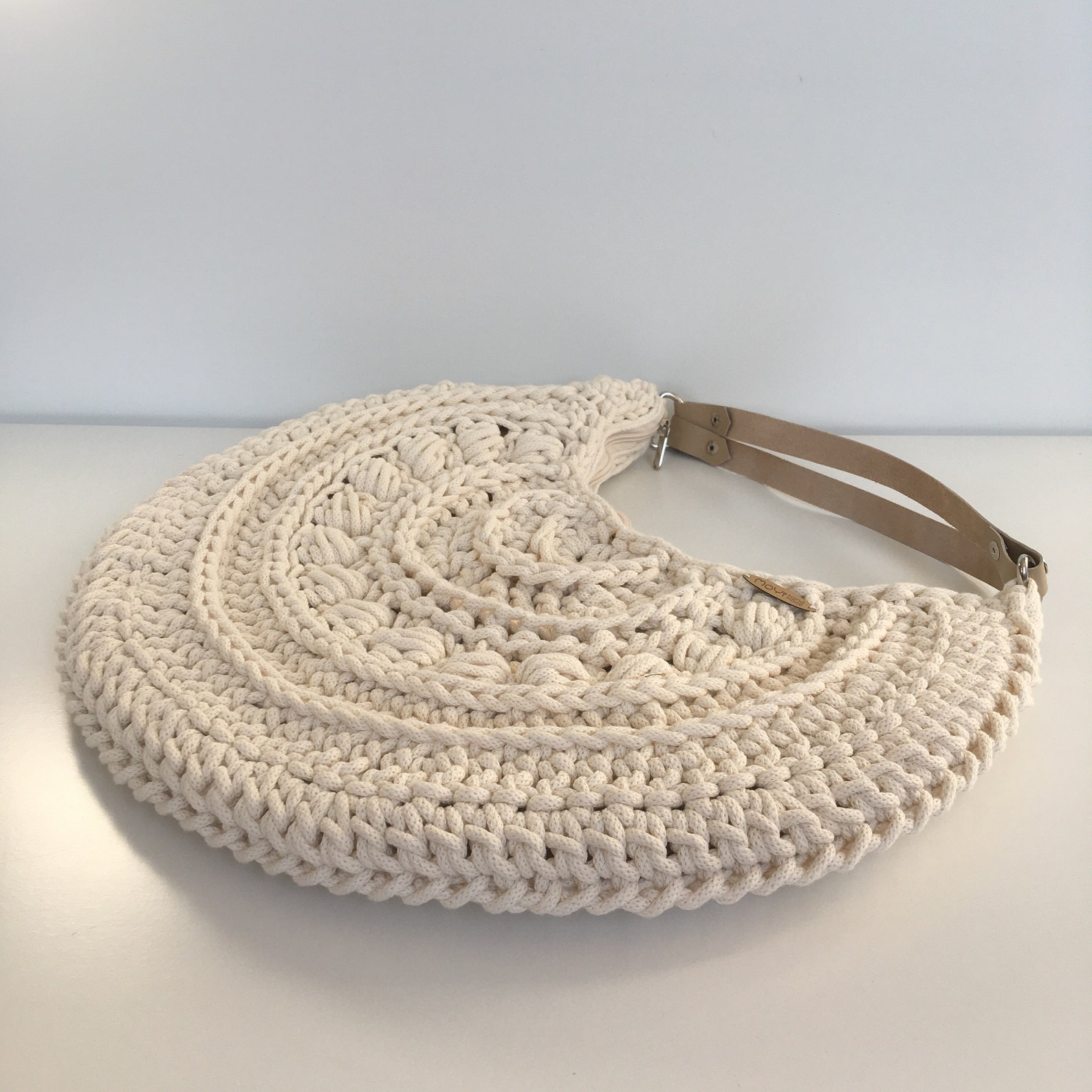 CRESCENT HOBO BAG / Crochet Cotton Cord Moon Shoulder Bag / Cream Color ...