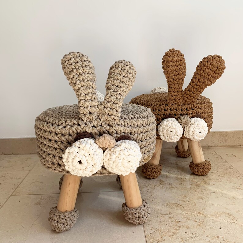 CROCHET Woodland BUNNY STOOL/ Wood Base / Easter Gift for Kids ...