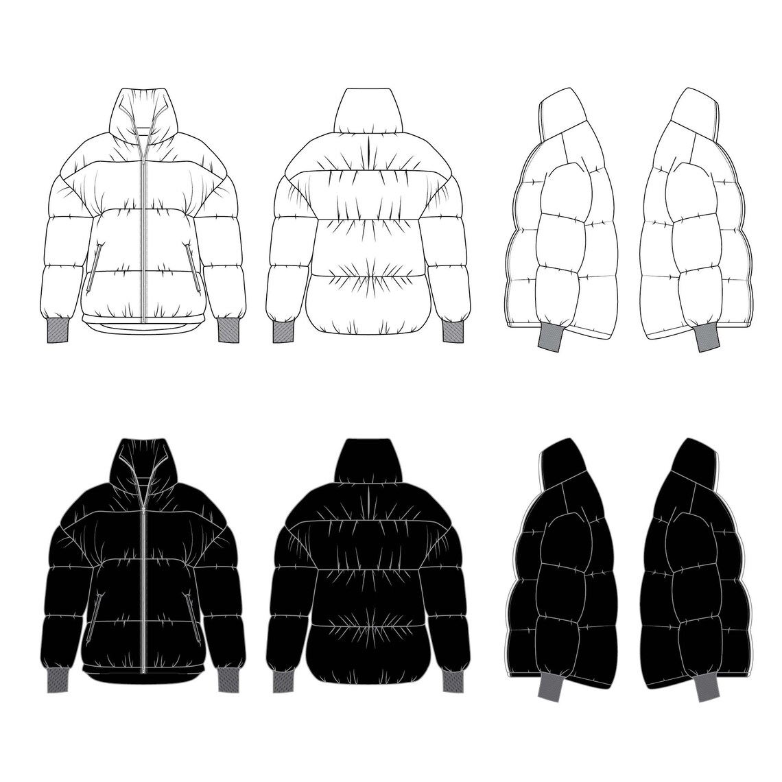 Puffer Jacket Editable Fashion Flat Templates / Technical Drawings ...