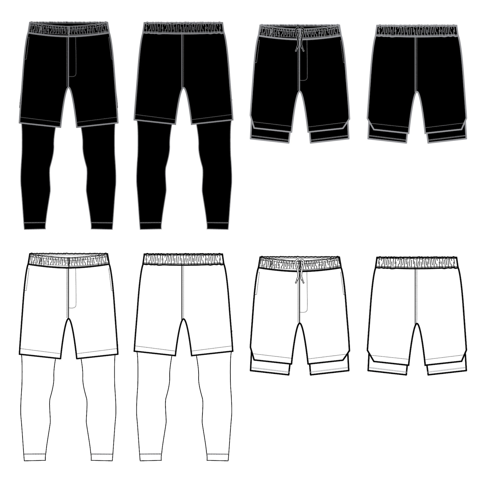 2 in 1 Running Shorts Fashion Flat Templates / Technical Drawings ...