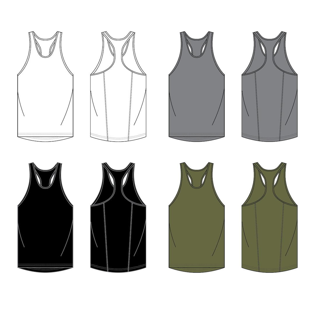 Mens Tank Top Fashion Flat Templates: Technical CAD Designs (EPS Vector ...