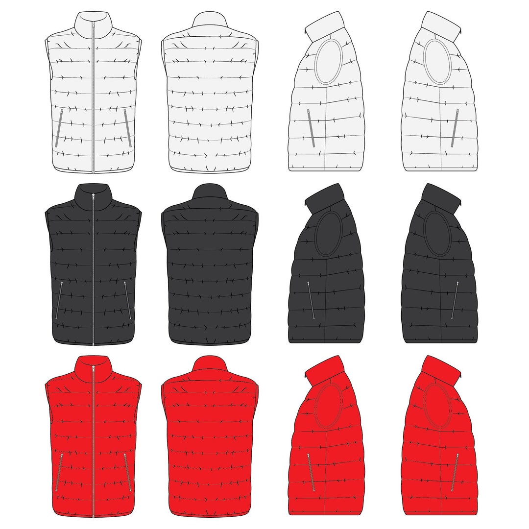 Puffer Vest Fashion Flat Templates: Technical CAD Drawings (adobe ...