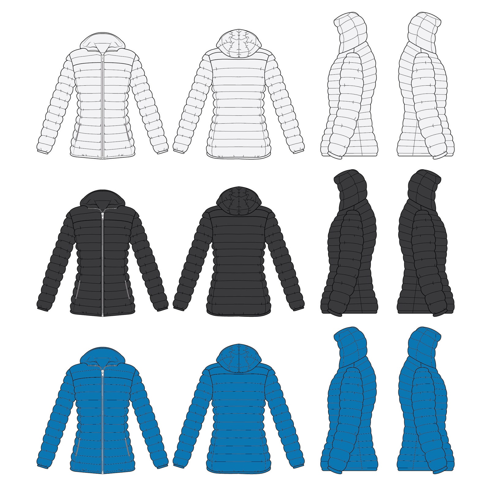 Puffer Jacket Hooded/ Editable Fashion Flat Templates / Technical ...