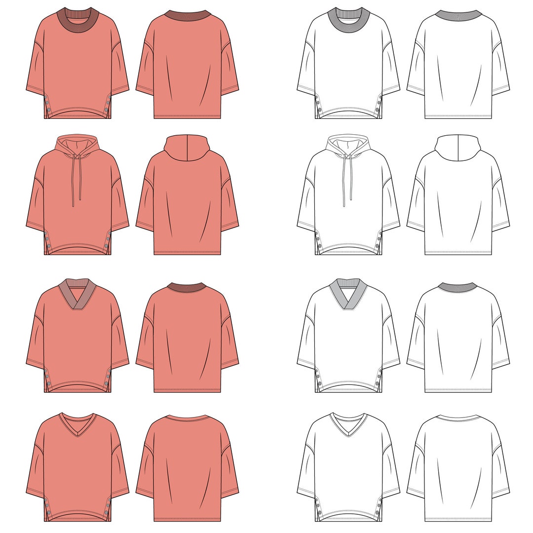 Oversize Tops Assorted Fashion Flat Templates / Technical Drawings ...