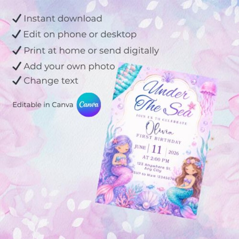 Mermaid First Birthday Invitation, Under the Sea Party Template ...
